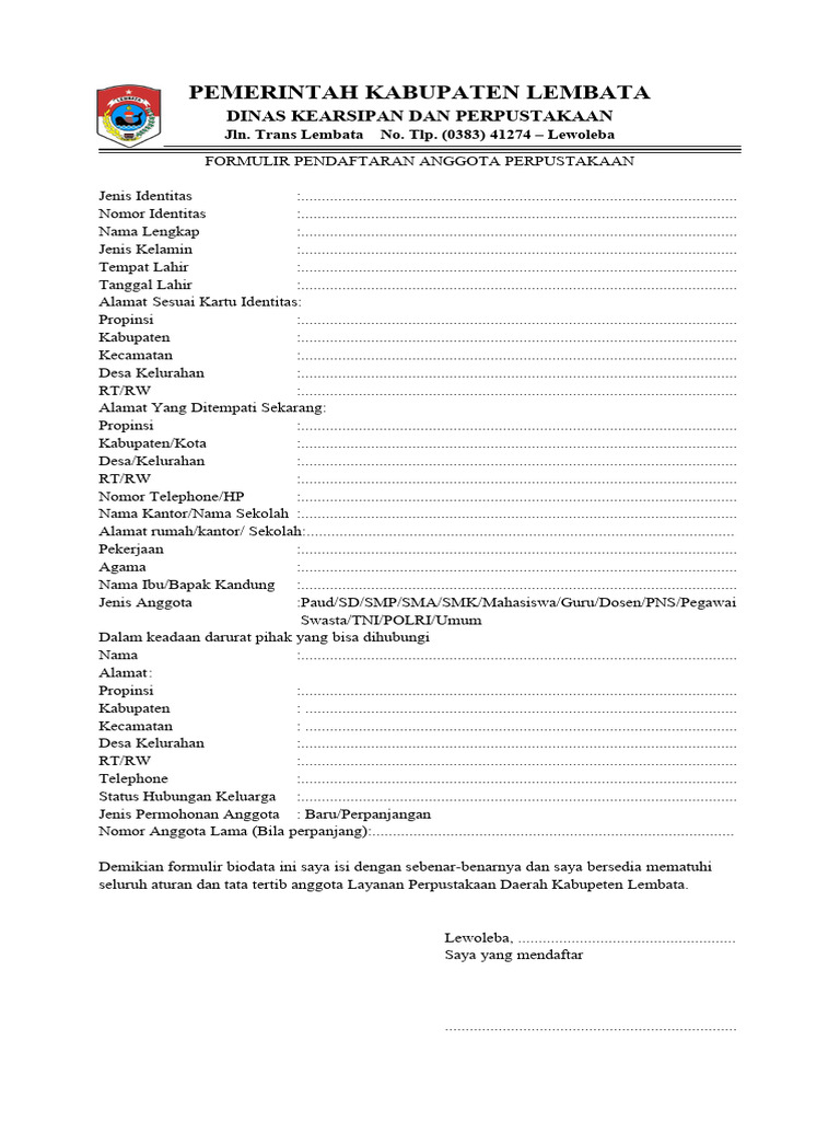 Formulir Pendaftaran Anggota Perpustakaan | PDF