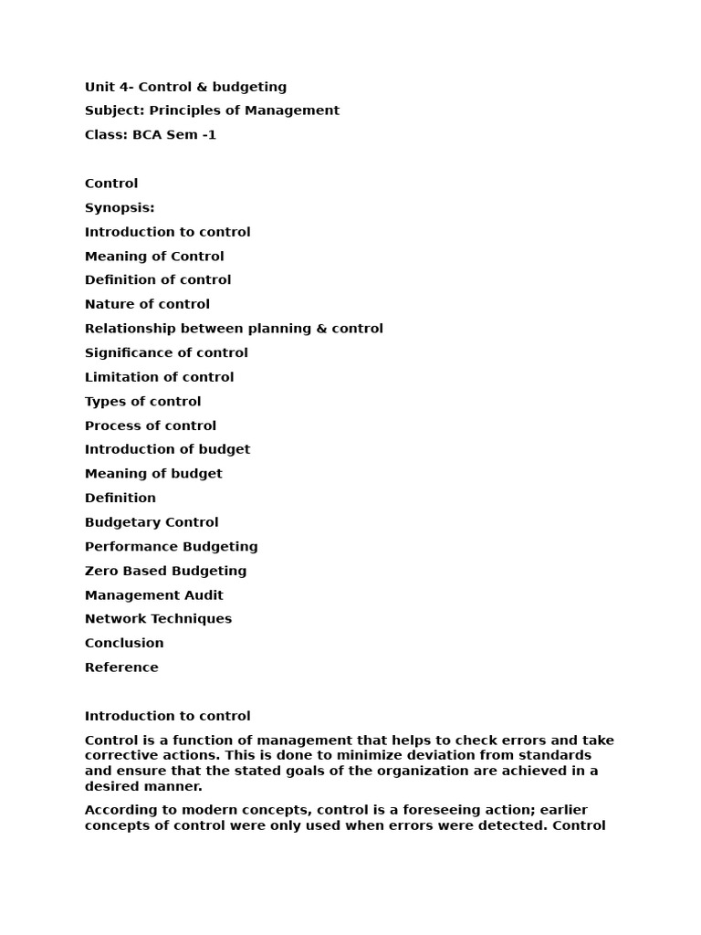 Pom Unit 4 Control and Budget Notes English | PDF | Budget | Goal