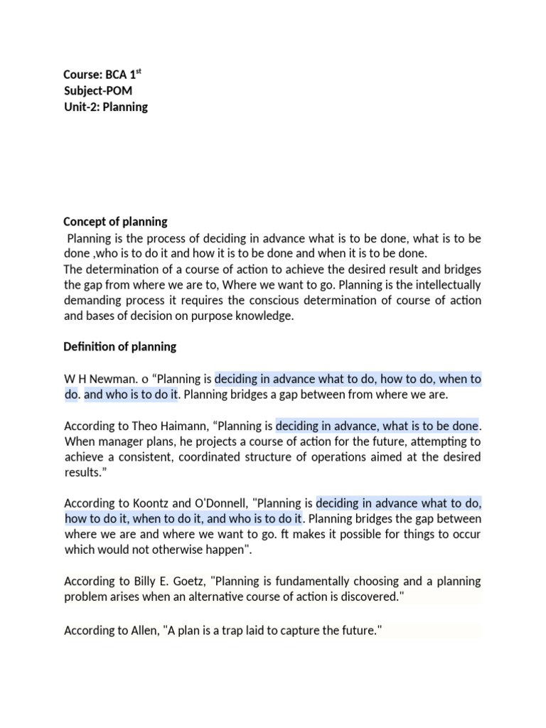 Unit -2 Planning -POM BCA1 | PDF | Goal | Planning