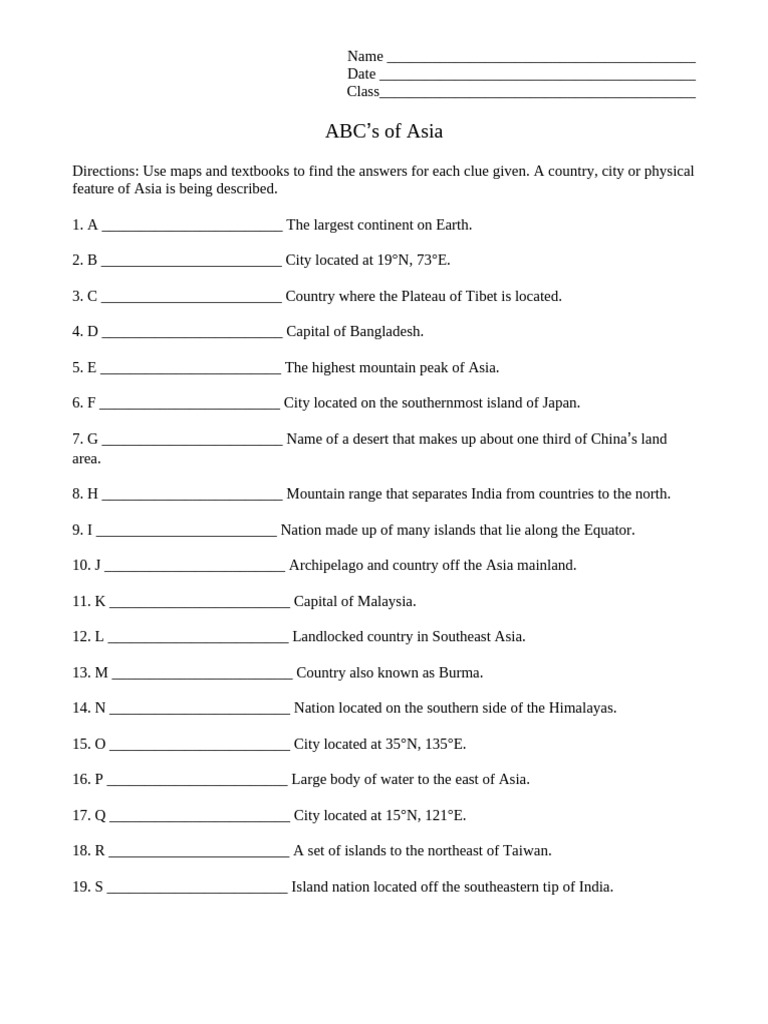 Geography Quiz: Asia's Features and Capitals | PDF | Asia | Geomorphology
