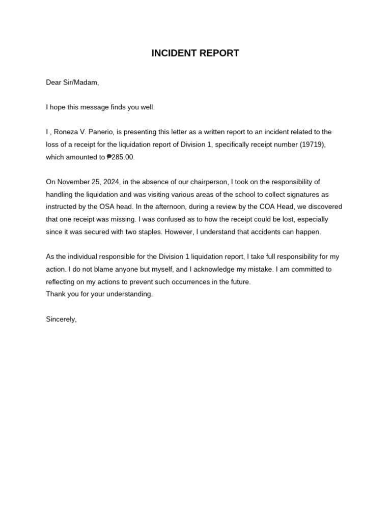 Incident Report on Missing Receipt | PDF