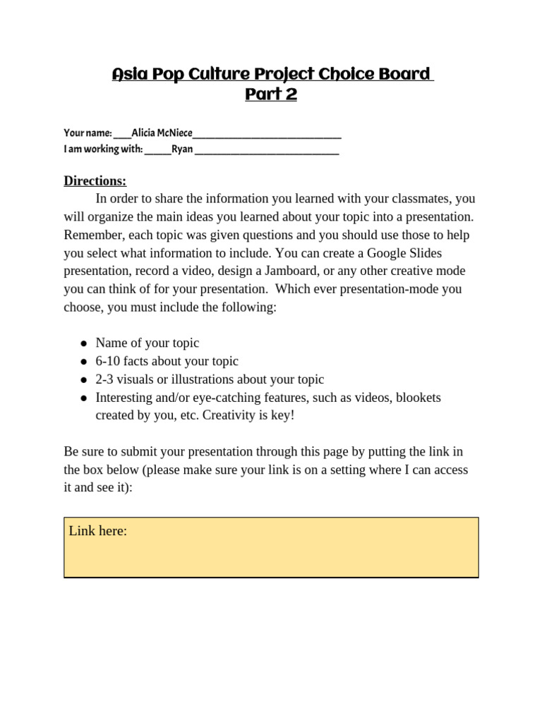 Alicia McNiece-Vides - Asia Pop Culture Project Choice Board Part 2 | PDF