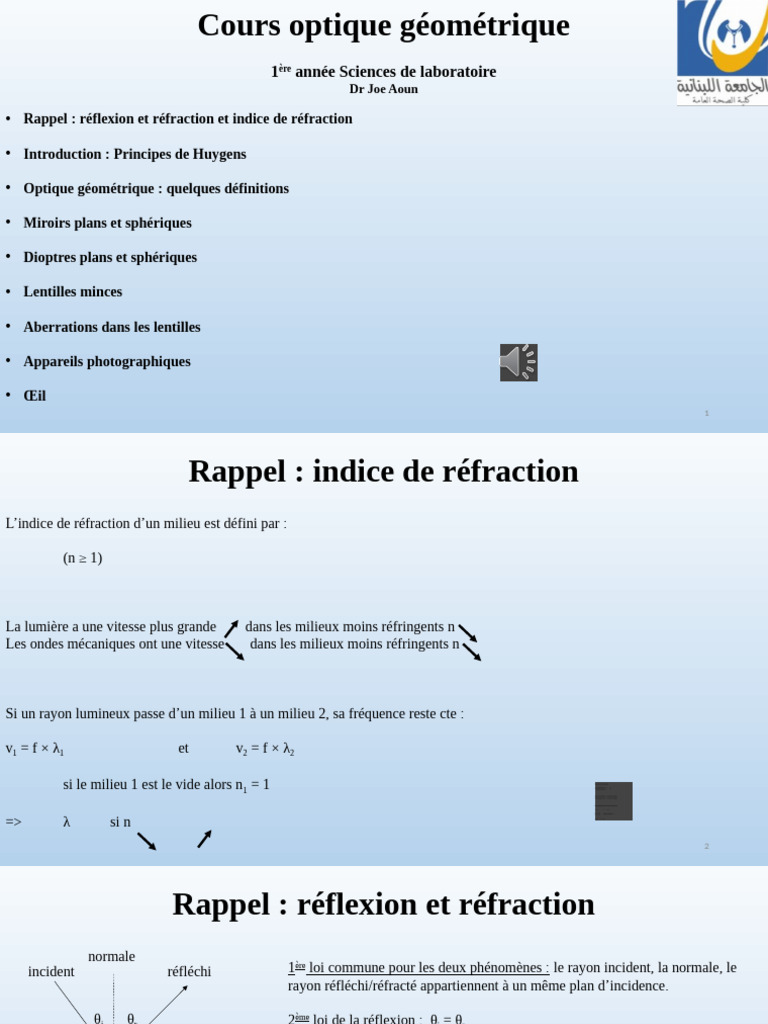 Cours d'Optique Géométrique en 1ère Année | PDF | Réfraction | Lumière