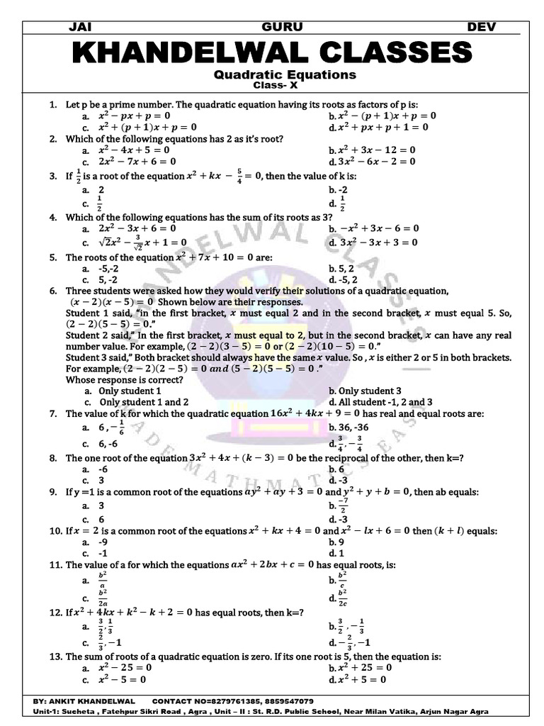 Chapter 4 Quadratic Equation | PDF | Quadratic Equation | Mathematical ...