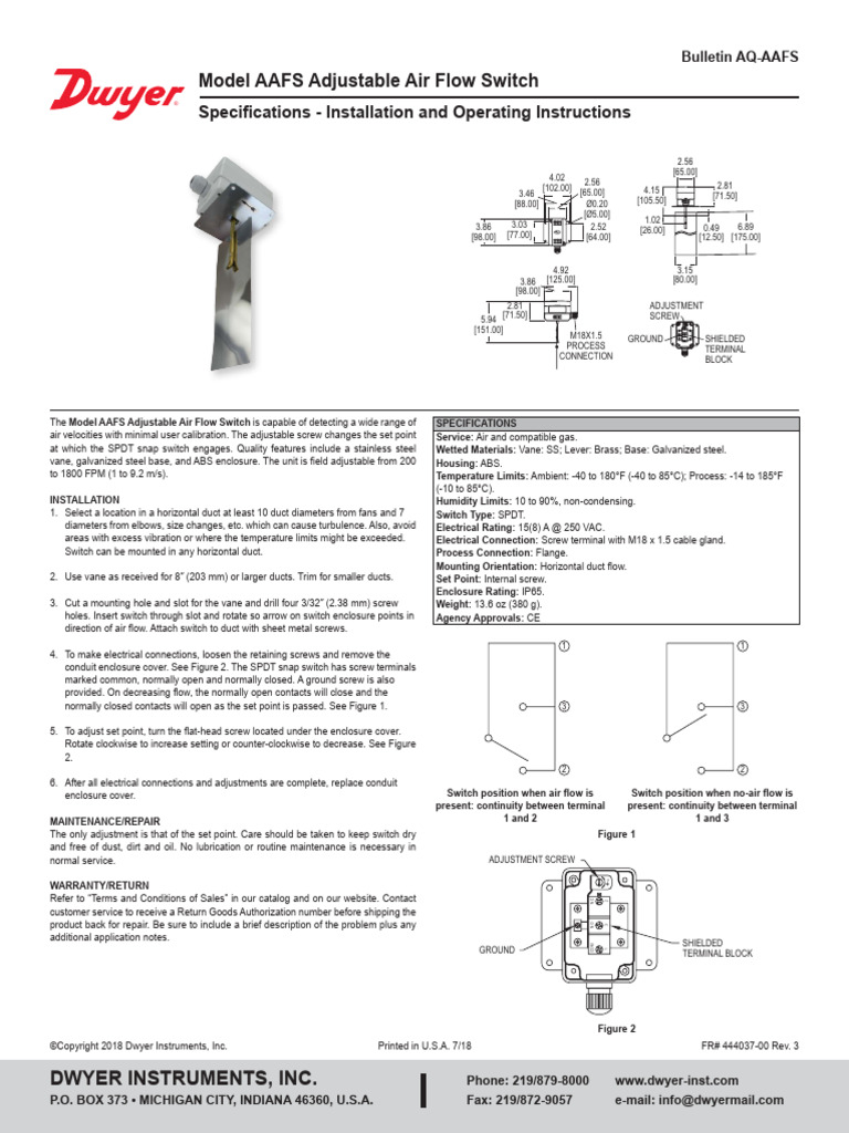 AQ - AAFS Manual Air Flow Switch Dwyer | PDF | Switch | Screw