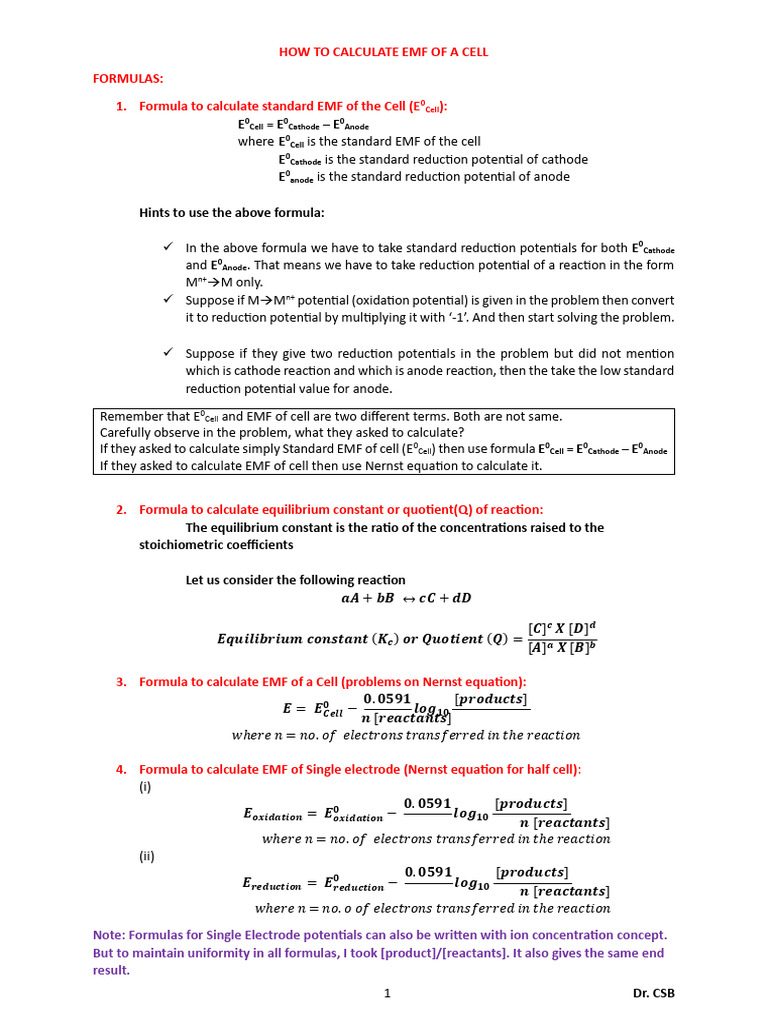 Calculating EMF of Electrochemical Cells | PDF | Redox | Chemistry
