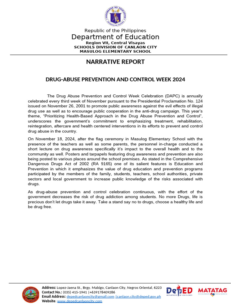 DAPC Narrative Report-MASULOG ES | PDF | Substance Abuse | Social Aspects Of Psychoactive Drugs