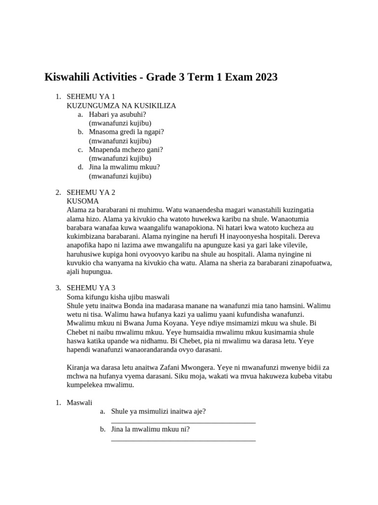 Kiswahili Activities 2 | PDF