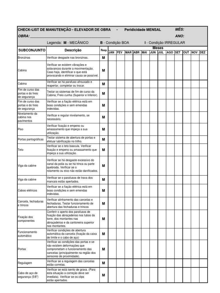 CHECK-LIST MANUTENÇÃO PREVENTIVA - Elevadores a cabo - MENSAL 1