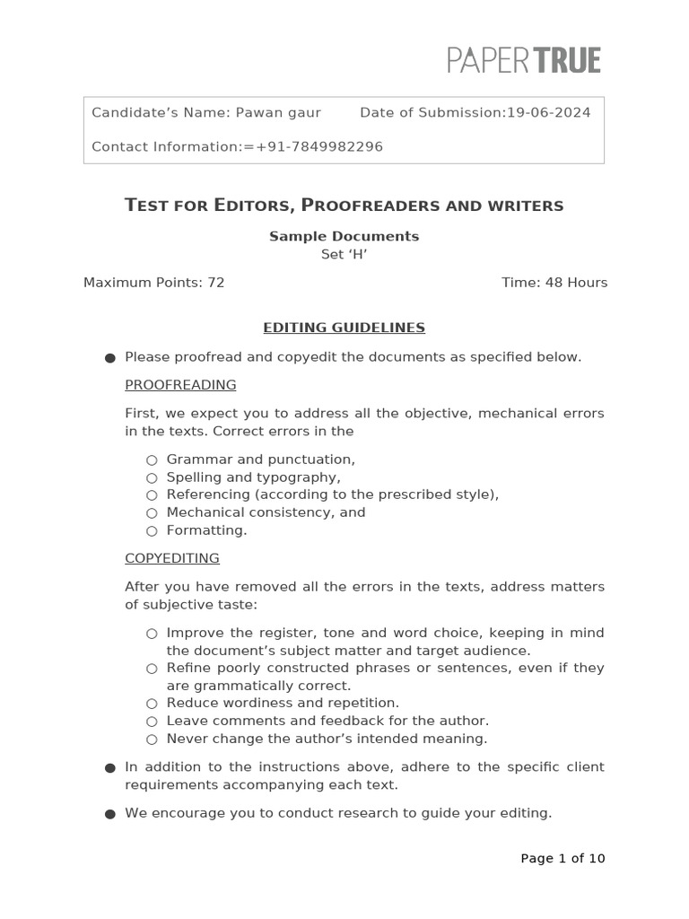 PAPERTRUE - Test For Editors, Proofreaders, and Writers (SET H) - July ...