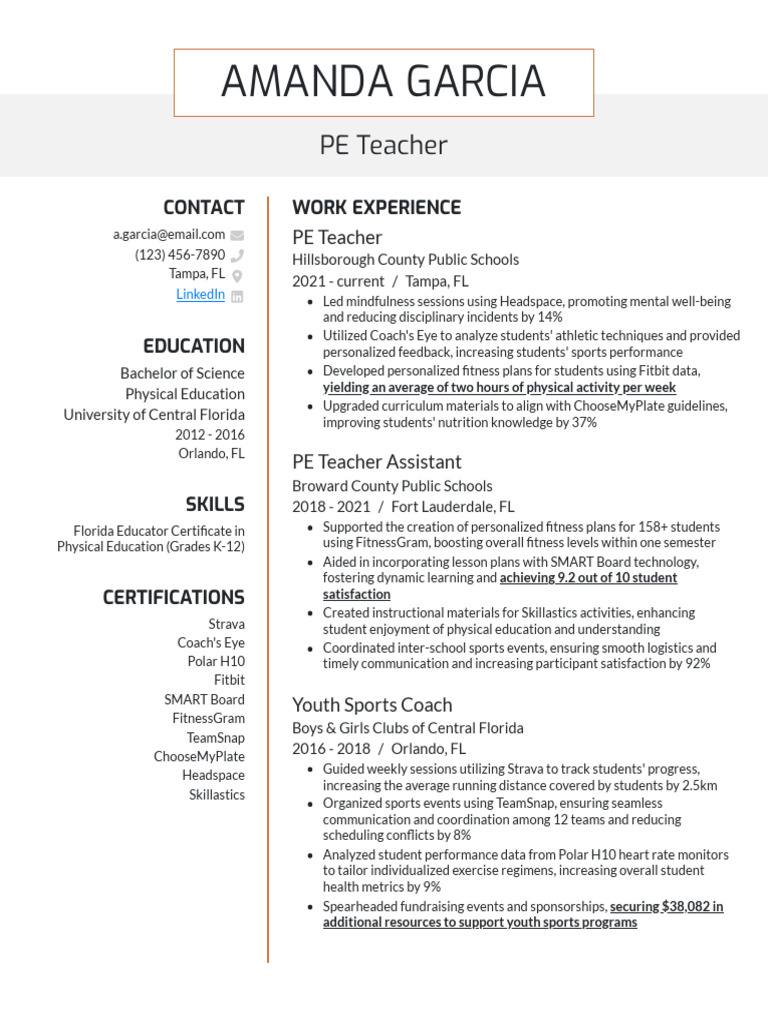 Pe Teacher Resume Example | PDF | Physical Education | Behavior Modification