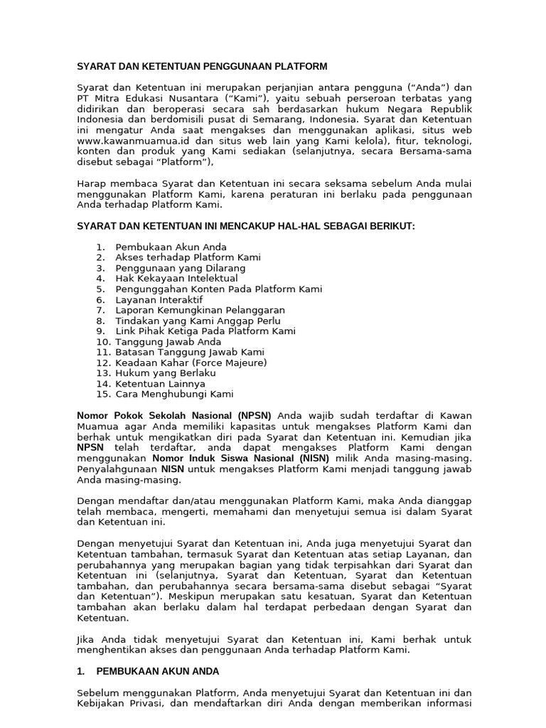 Syarat Dan Ketentuan Penguna Kawan Muamua | PDF