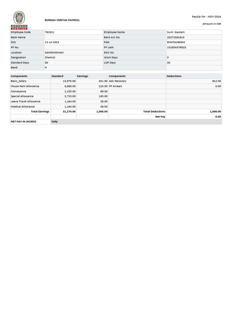 November 2024 Payslip for Sunil Gautam | PDF