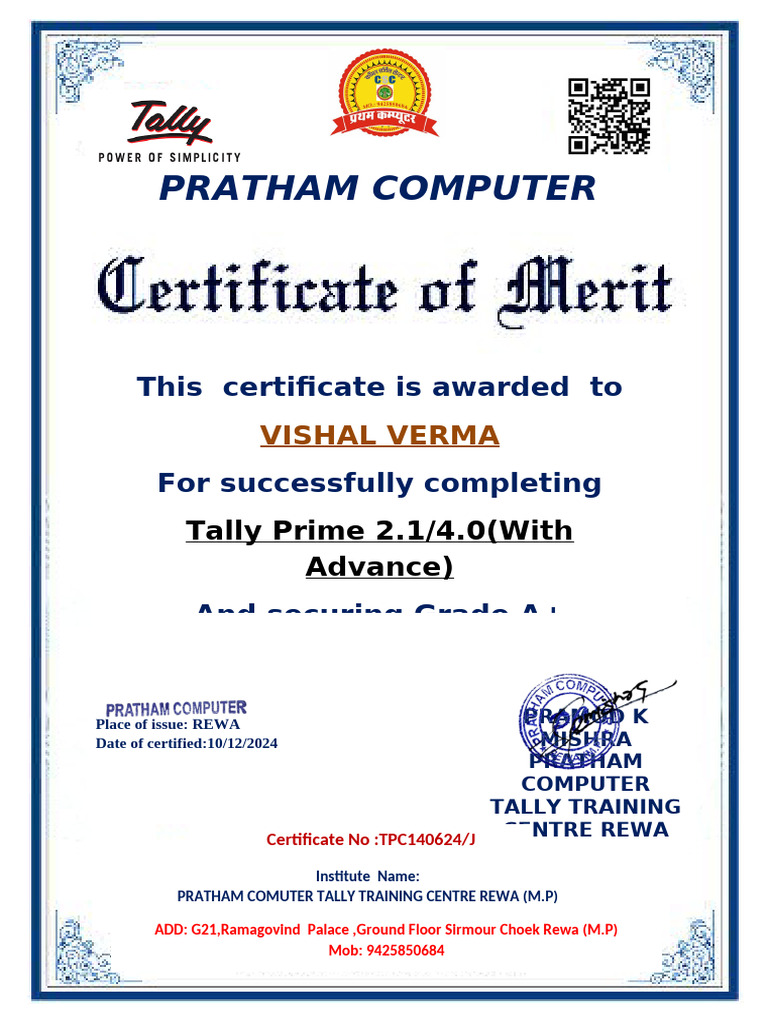 Tally Certificate Abhay Dwivedi | PDF