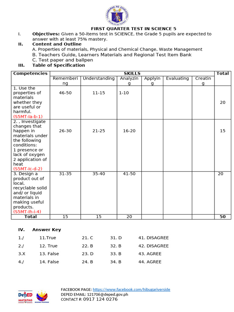 Grade 5 Science First Quarter Test | PDF | Combustion | Oxygen