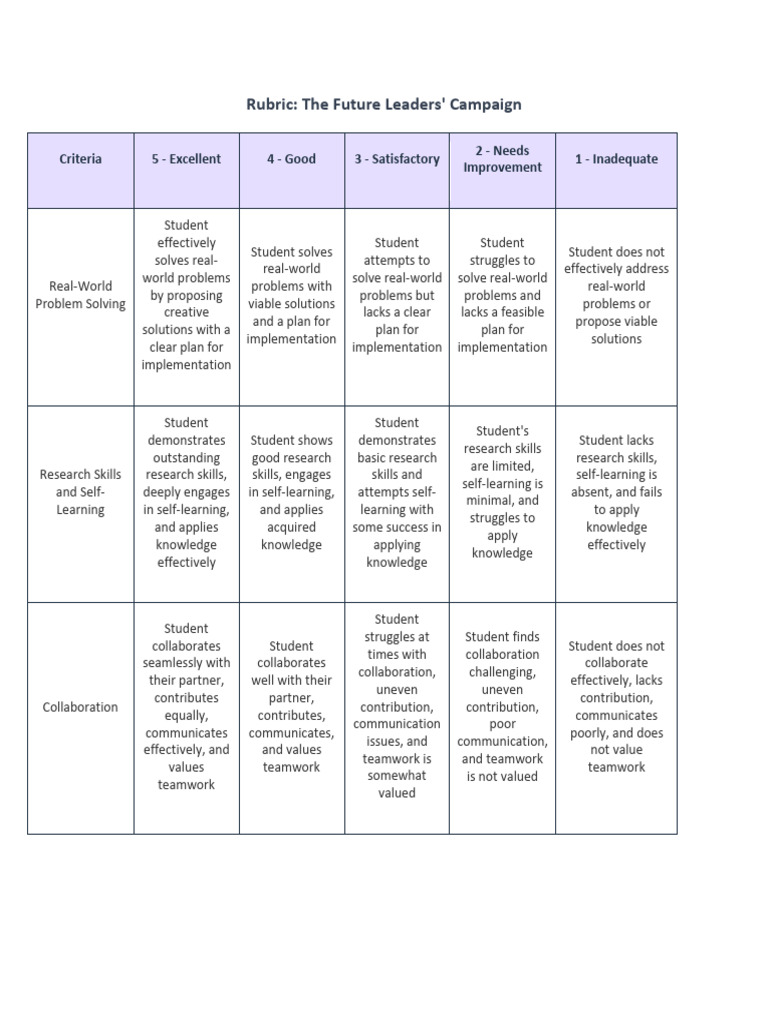 Future Leaders' Campaign Rubric | PDF | Knowledge | Creativity