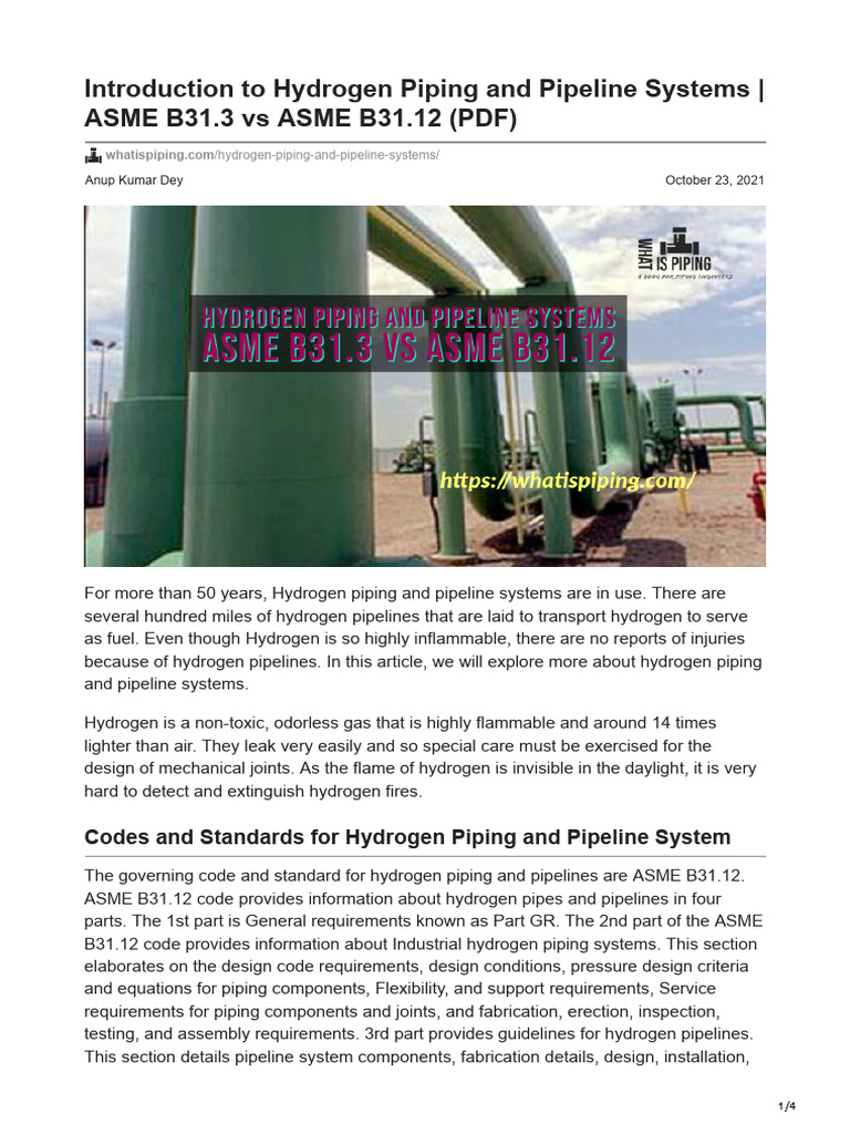 Introduction To Hydrogen Piping and Pipeline Systems ASME B313 Vs ASME ...