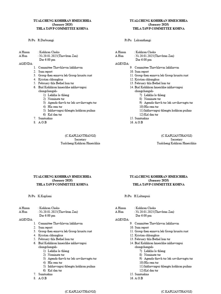 Tualcheng Kohhran Meeting Agenda | PDF