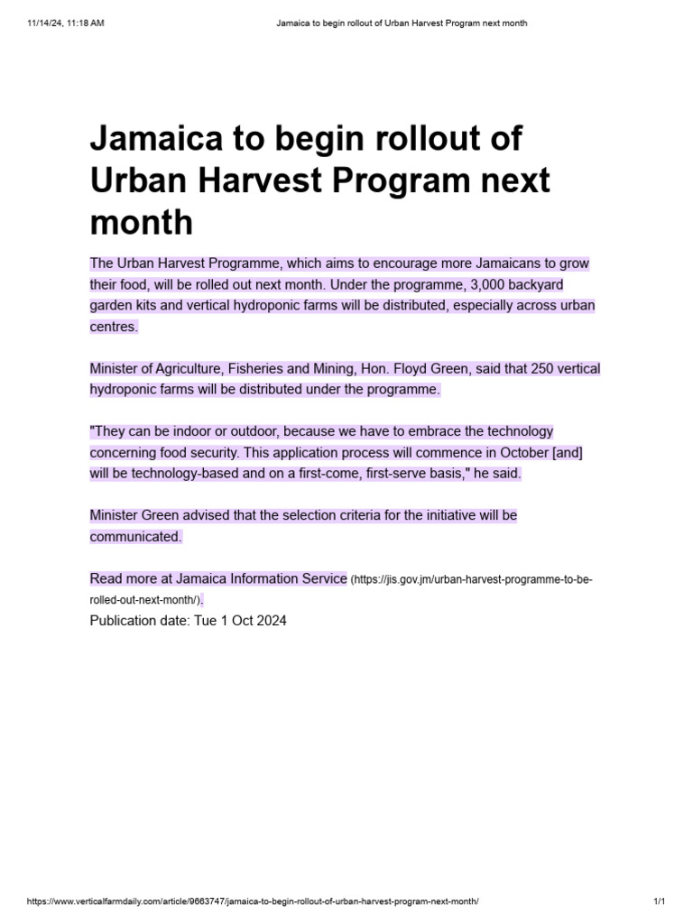 Jamaica to begin rollout of Urban Harvest Program next month | PDF