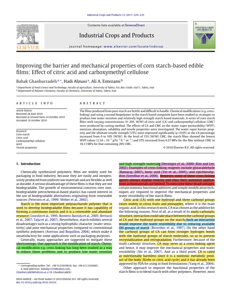 Improving the Barrier and Mechanical Properties of Corn Starch-based ...