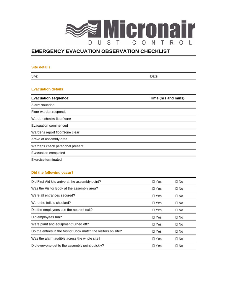 Emergency Evacuation Observer Checklist | PDF