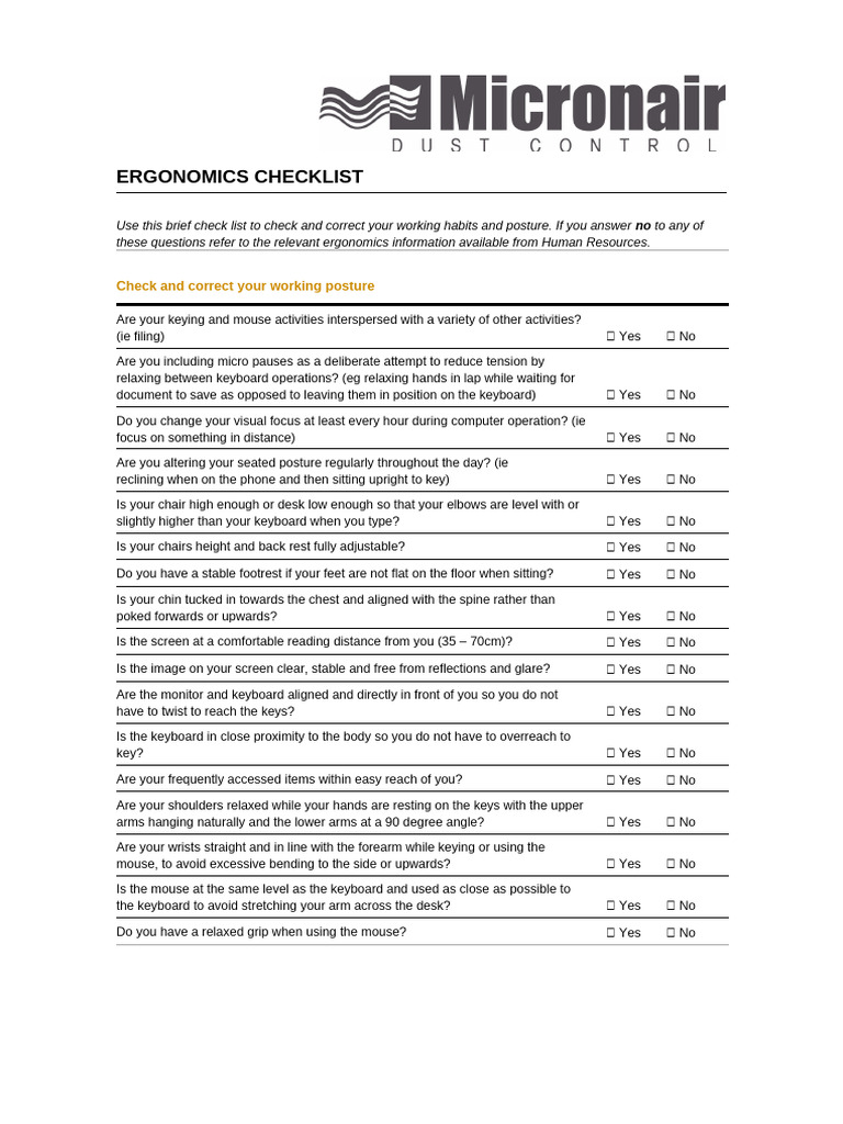 Ergonomics Checklist | PDF | Chair | Computer Keyboard
