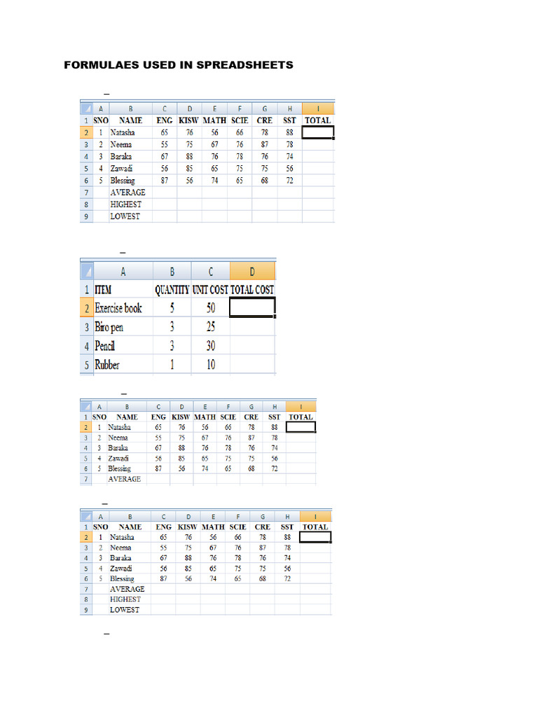 ASUMBI Ttc-FORMULAES USED IN THE SPREADSHEET | PDF