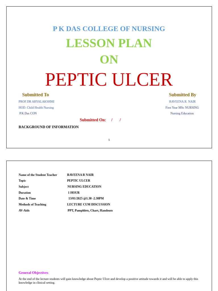 Lesson Plan Peptic Ulcer | PDF | Gastroesophageal Reflux Disease | Stomach