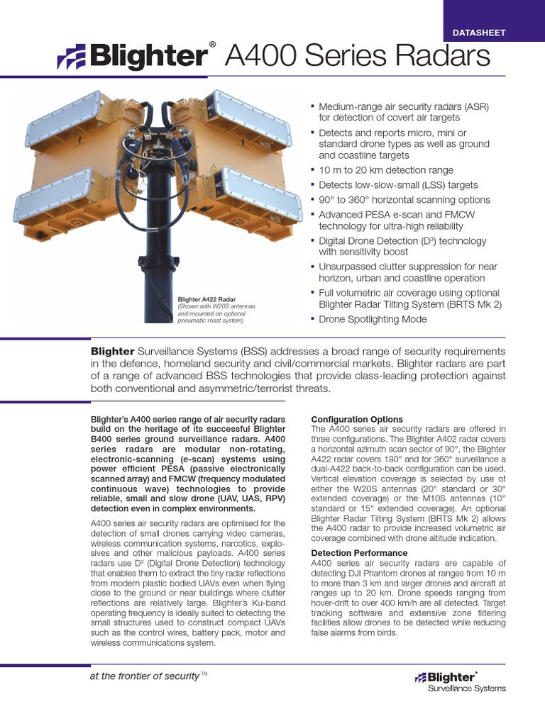 Blighter A400 Series Radars Datasheet | PDF | Radar | Unmanned Aerial ...