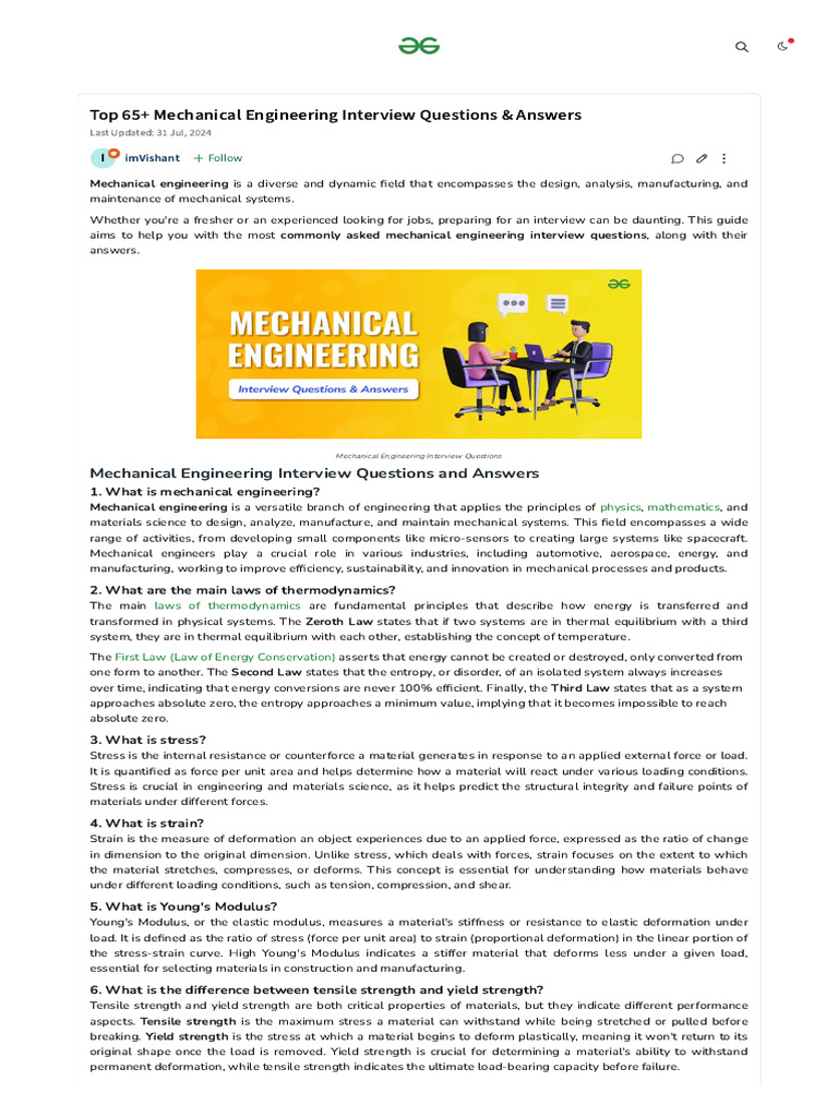 65+ Mechanical Engineering Interview Questions & Answers (2024) | PDF | Strength Of Materials ...