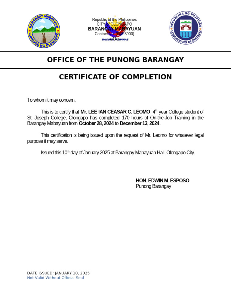 Cert of Completion St Jo | PDF