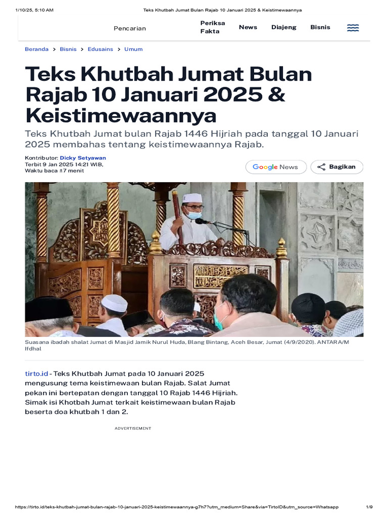 Teks Khutbah Jumat Bulan Rajab 10 Januari 2025 & Keistimewaannya | PDF