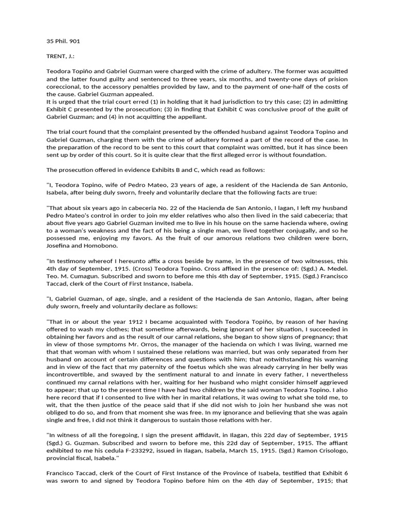 Adultery Case: Topiño vs. Guzman | PDF | Adultery | Acquittal