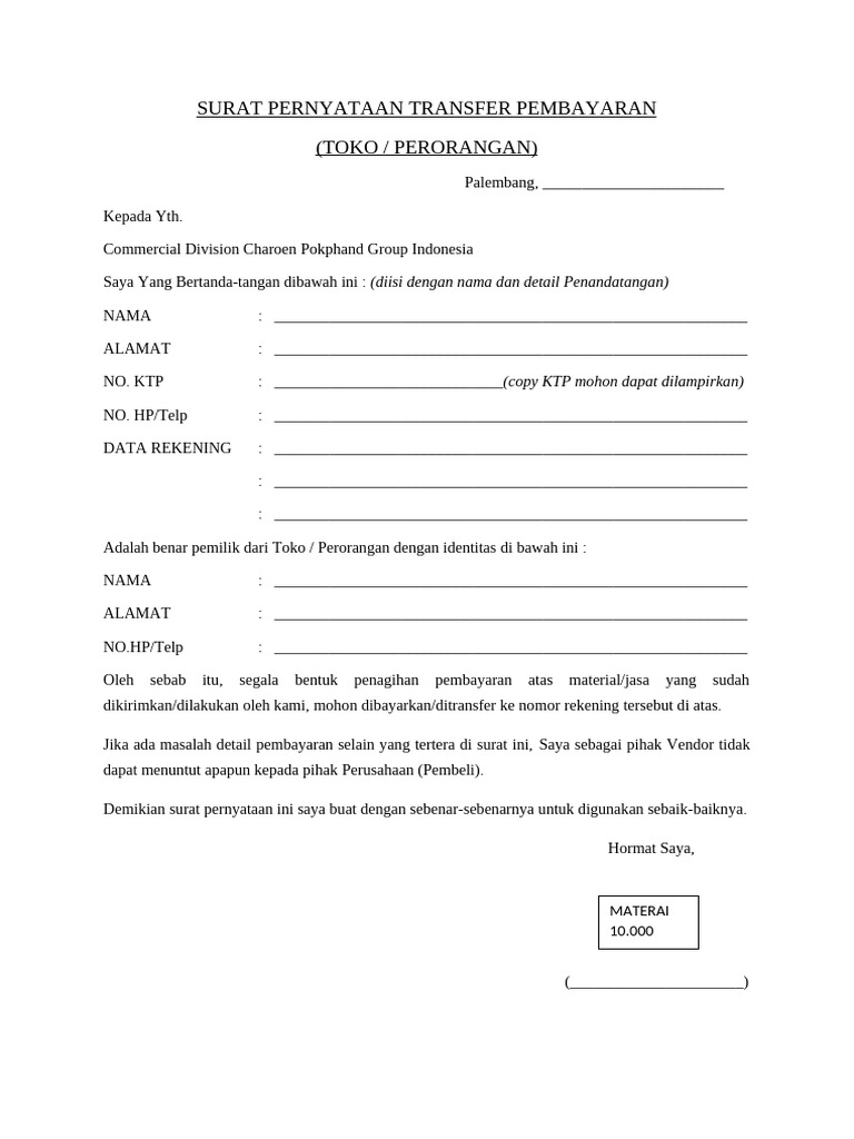 SURAT PERNYATAAN TRANSFER PEMBAYARAN - 2021 Badan Usaha | PDF