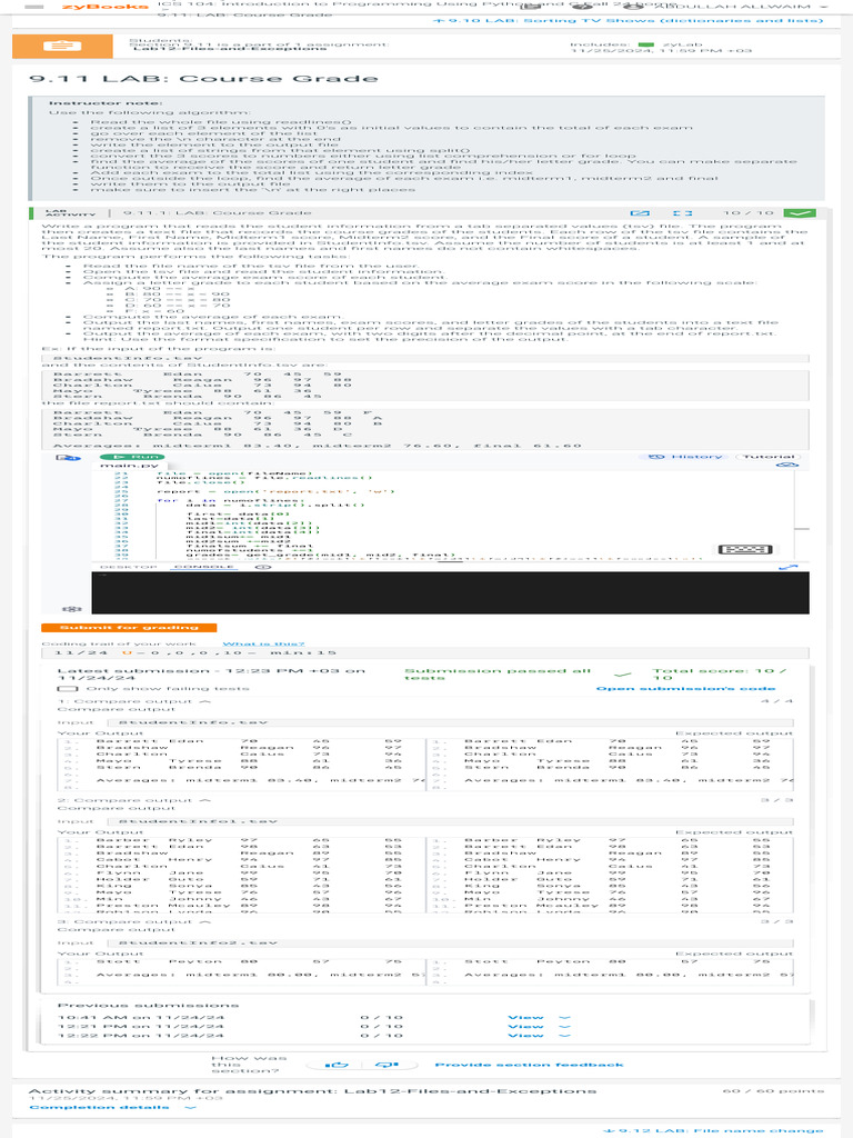 Section 9.11 - ICS 104 Introduction To Programming Using Python and C Fall 24 Zybooks | PDF ...