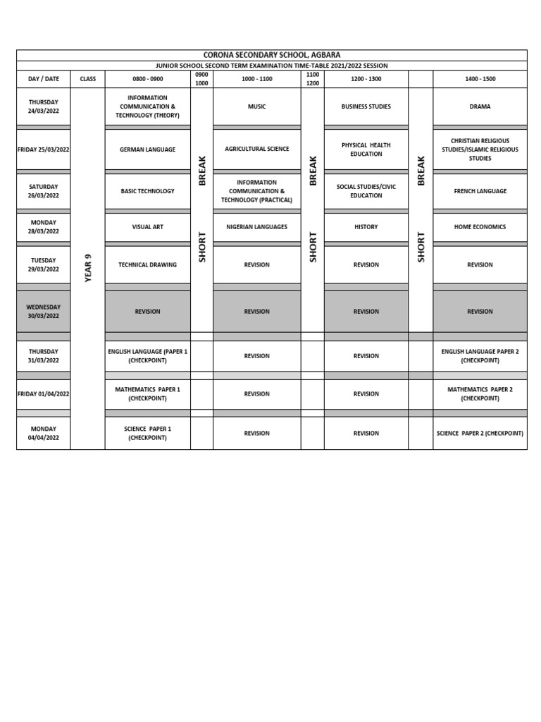 Year 9 Exam Timetable 2021/2022 | PDF