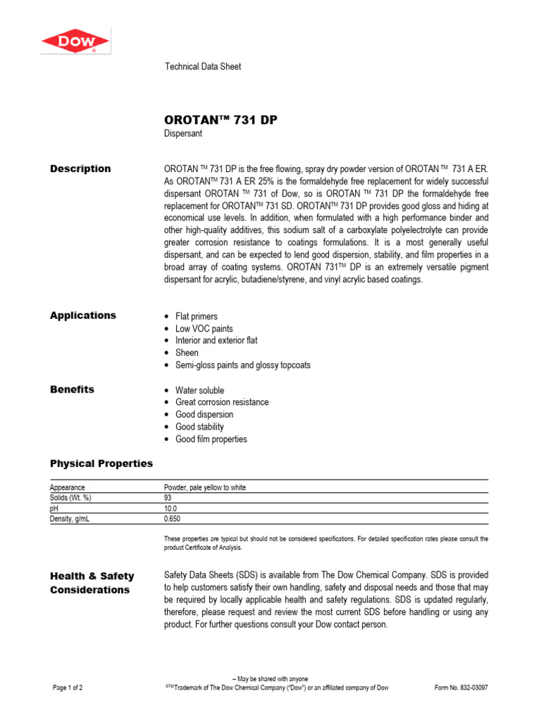 832 03097 01 Orotan 731 DP Dispersant Tds | PDF | Paint | Acrylic Paint