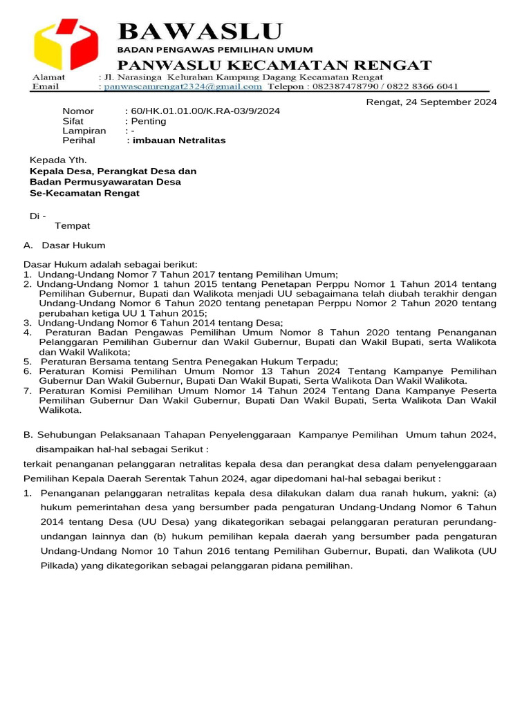 Surat Himbauan Netralitas Desa 2024 | PDF