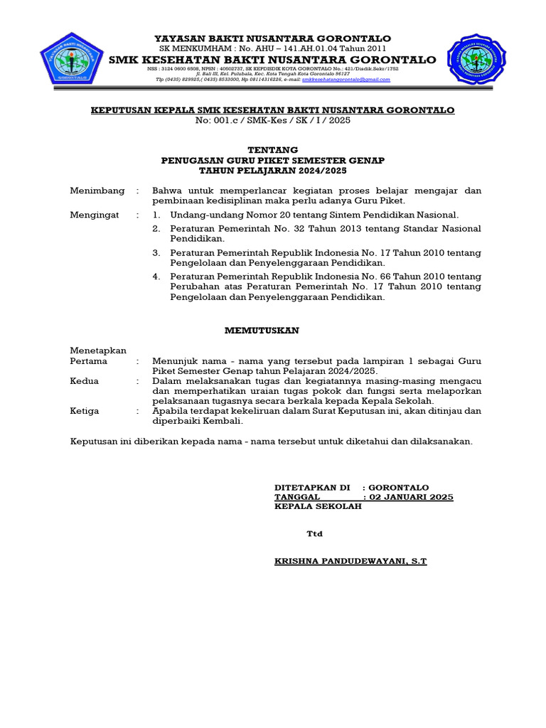 SK Pembagian Tugas Piket Guru Semester Genap 20242025 | PDF