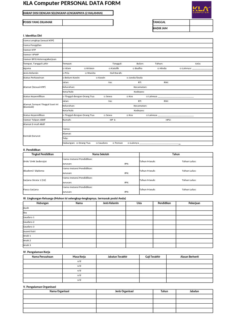 KLA Computer Personal Data Form | PDF