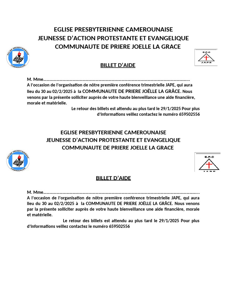 Demande d'aide pour la conférence JAPE | PDF