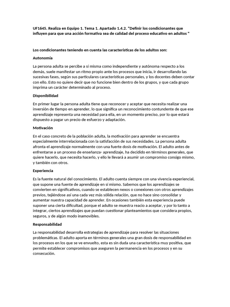 UF1645 tarea 1 grupal | PDF | Aprendizaje | Percepción