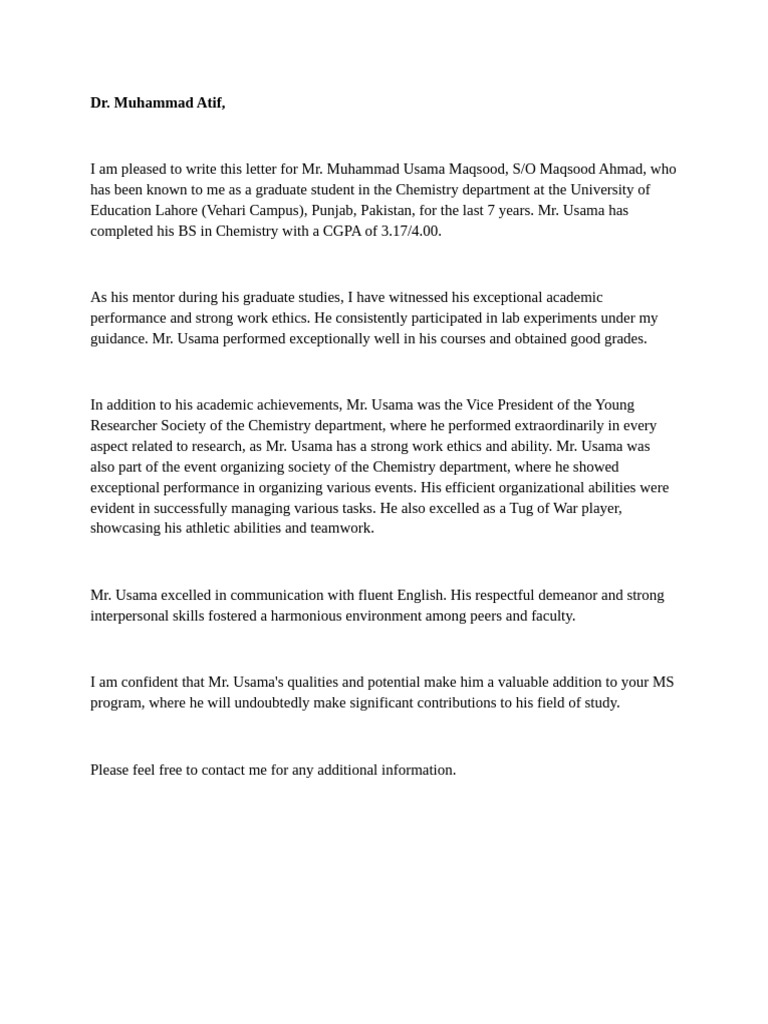 Ref Letter Usama. | PDF