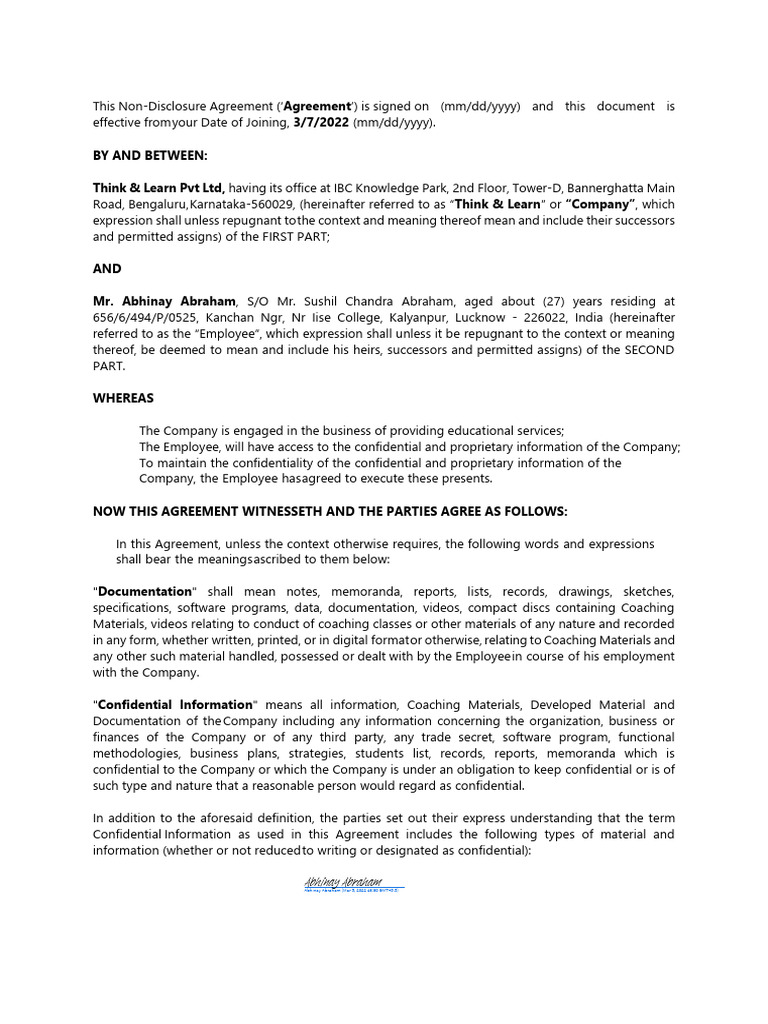TNL71886939 - Abhinay Abraham - Byjus NDA & Appointment Letter - 07 ...