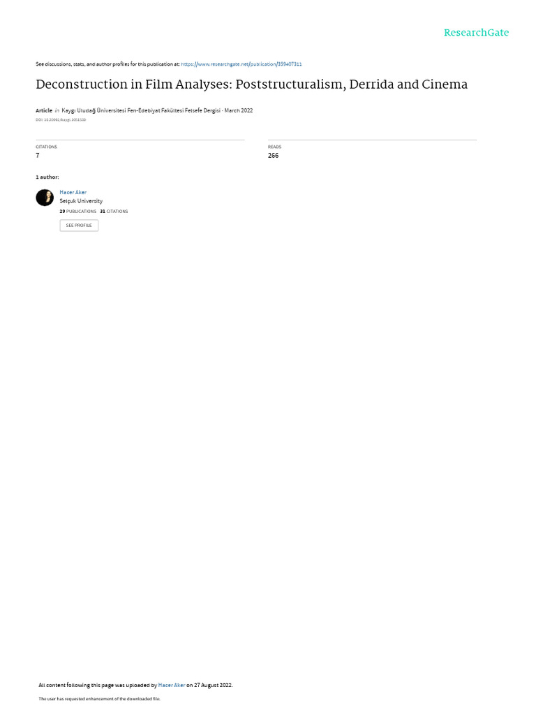 Deconstruction in Film Analyses: Poststructuralism, Derrida and Cinema ...