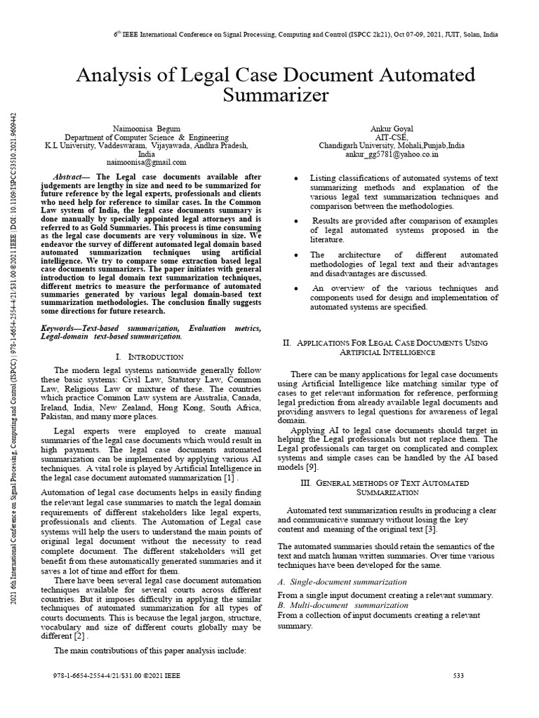 Analysis of Legal Case Document Automated Summarizer | PDF | Artificial ...