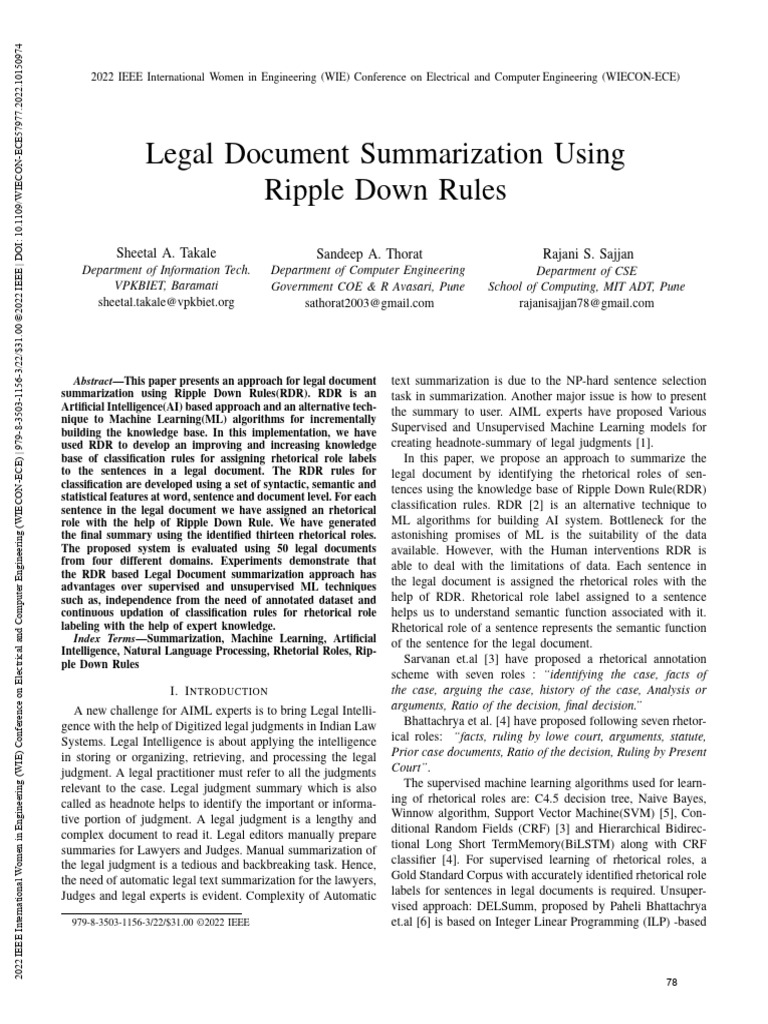 Legal_Document_Summarization_Using_Ripple_Down_Rules | PDF | Machine Learning | Judgment (Law)