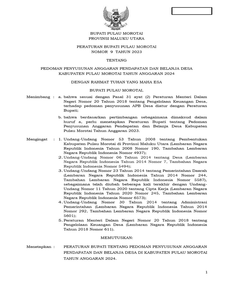 Perbup No 9 Tahun 2023 Ttg Pdmn Penyusunan Apbdes 2024 Edit | PDF