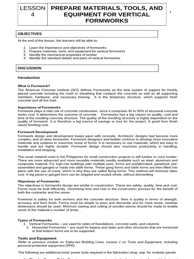 (Edited) 4 Prepare Matls For Vertical Formworks-Rev1 | PDF | Concrete ...