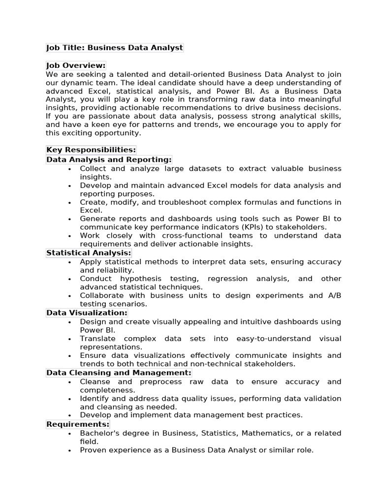 Data Analyst JD | PDF | Data Analysis | Statistics Data Analyst JD | PDF | Data Analysis | Statistics